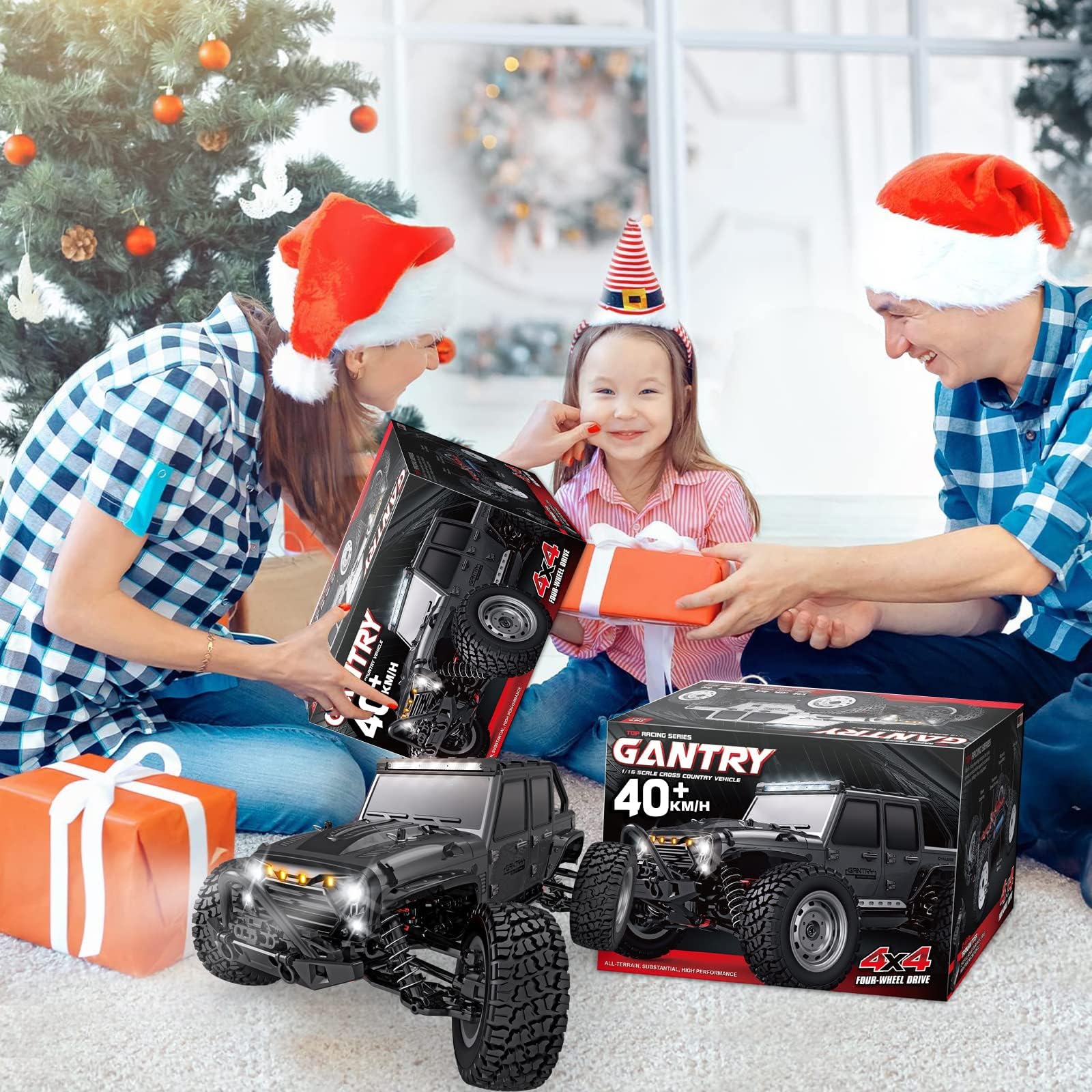 Giociiol 1:16 Scale All Terrain Remote Control Car, 4X4 High Speed 40 Km/h RC Truck 2 Rechargeable Batteries Waterproof Monster RC Crawlers with LED Light for Kids Boys and Adults