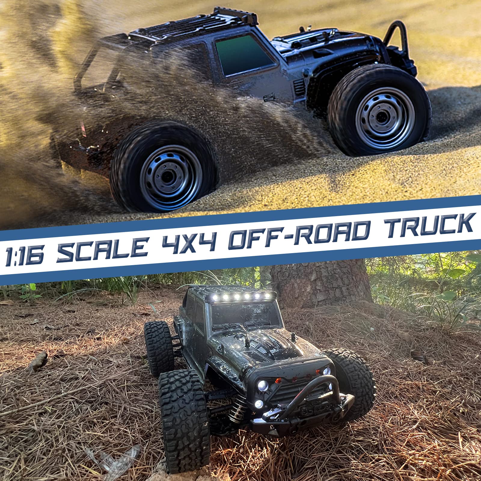 Giociiol 1:16 Scale All Terrain Remote Control Car, 4X4 High Speed 40 Km/h RC Truck 2 Rechargeable Batteries Waterproof Monster RC Crawlers with LED Light for Kids Boys and Adults