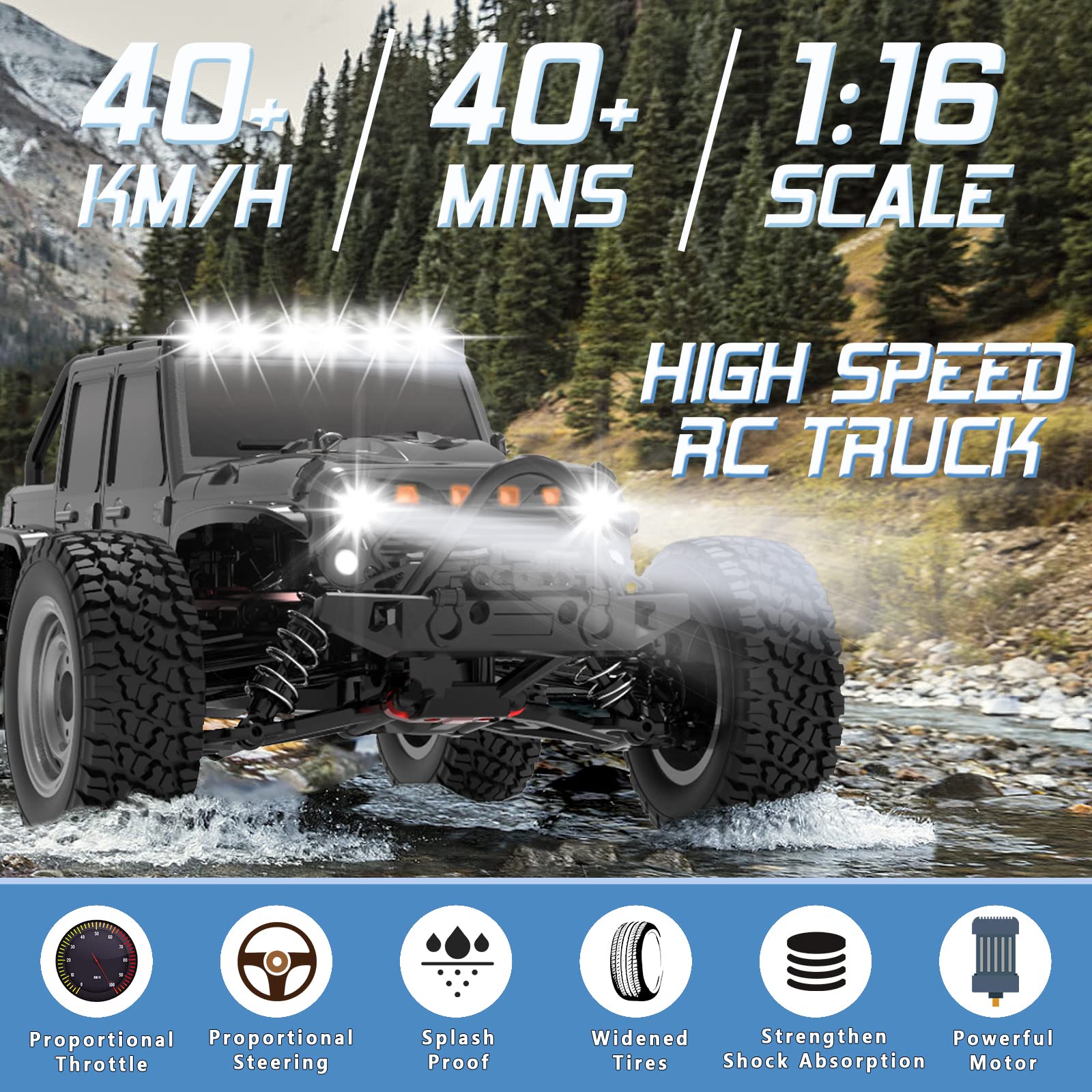 Giociiol 1:16 Scale All Terrain Remote Control Car, 4X4 High Speed 40 Km/h RC Truck 2 Rechargeable Batteries Waterproof Monster RC Crawlers with LED Light for Kids Boys and Adults