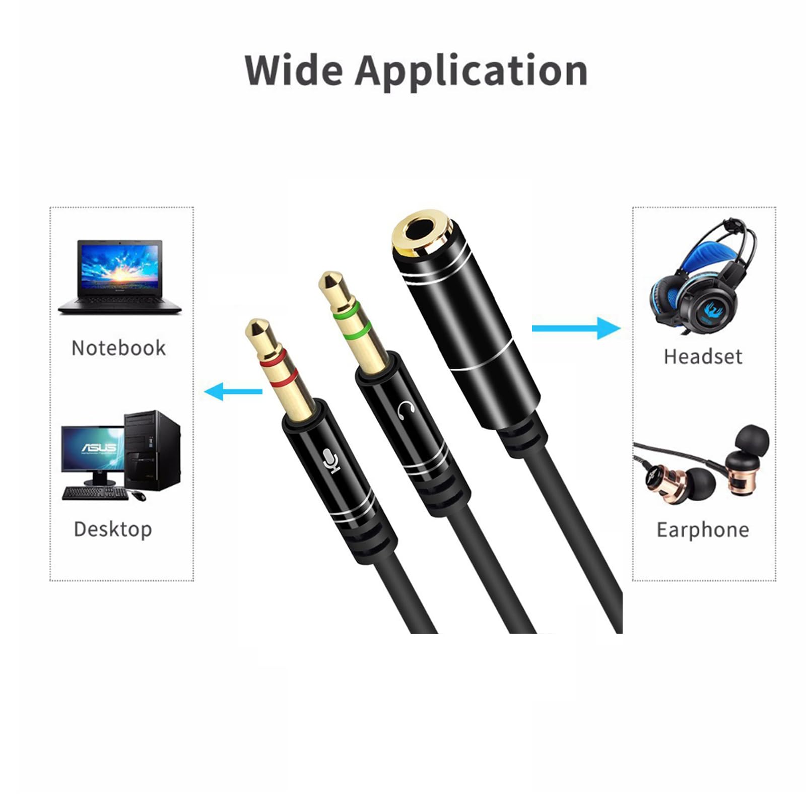 navor Headset Splitter Cable, 3.5mm Female to Headphone Mic and Audio, Y Splitter Adapter Cable for Laptop Computer -Black