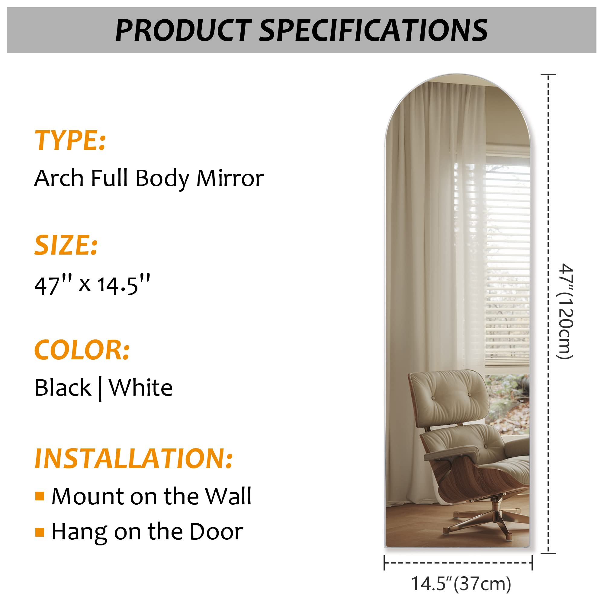 Kasibie Arched Full Length Mirror, 47"x14.5" Wall Mounted Mirror, Over The Door Hanging Mirror, Arched Mirror for Bedroom Living Room (White)