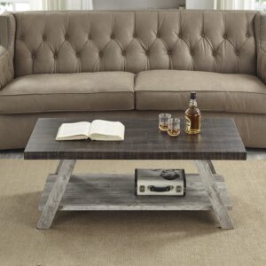 roundhill furniture athens contemporary wood shelf coffee table, weathered walnut and gray