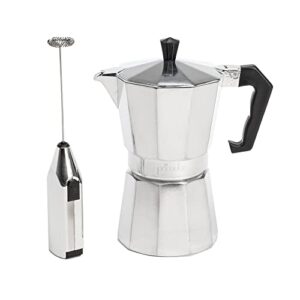 primula stovetop espresso maker and handheld electric milk frother gift set, moka pot for classic italian and cuban coffee, cafetera, 6 espresso cups, silver