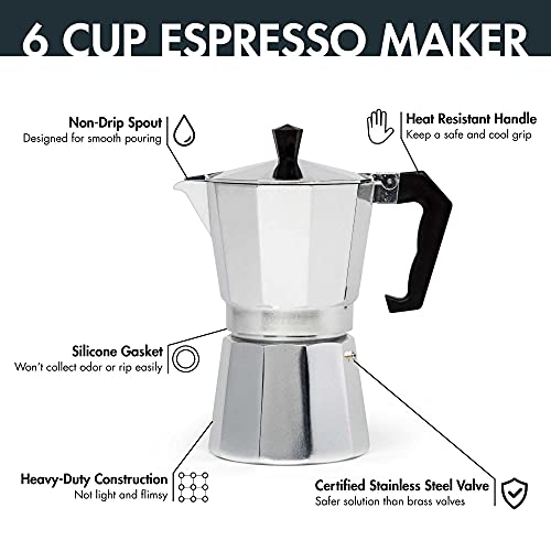 Primula Stovetop Espresso Maker and Handheld Electric Milk Frother Gift Set, Moka Pot for Classic Italian and Cuban Coffee, Cafetera, 6 Espresso Cups, Silver