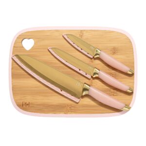 paris hilton reversible bamboo cutting board and cutlery set with matching high carbon stainless steel knives, blade guards, sleek yet comfortable handle grips, 7-piece set gold, pink