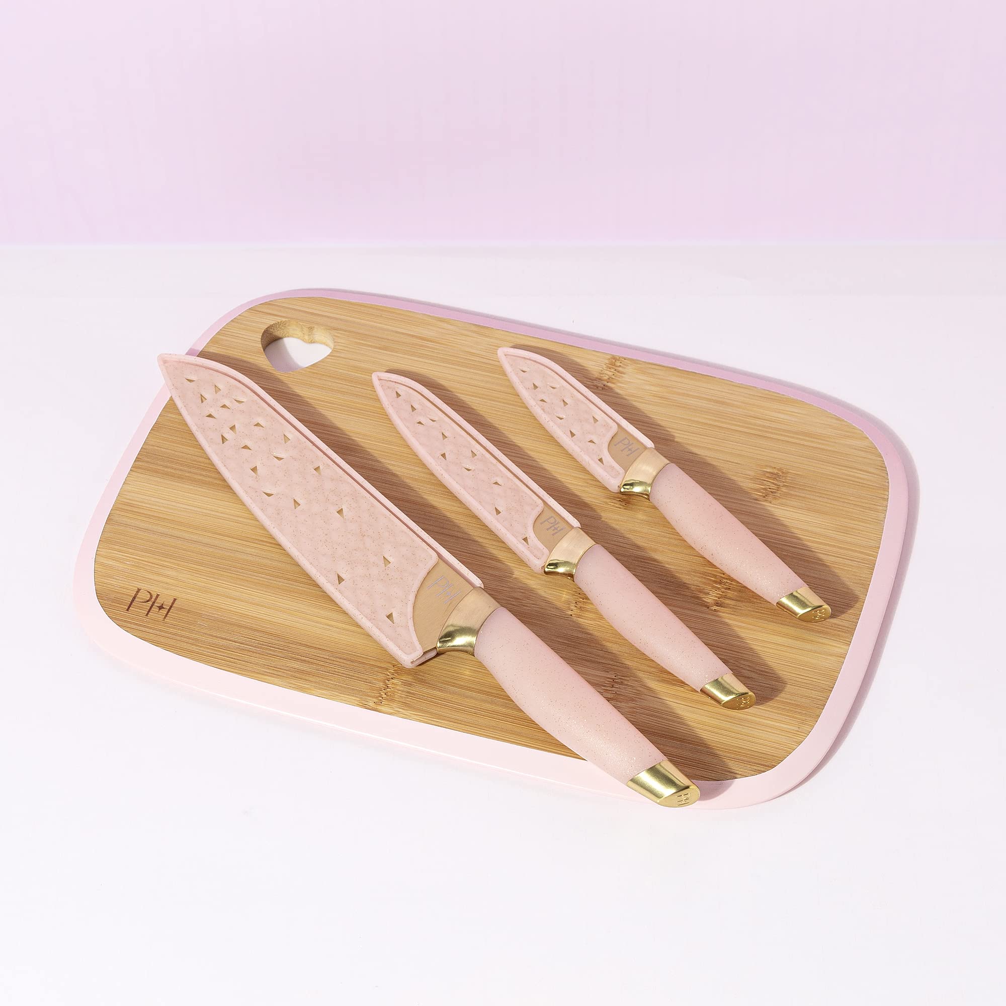 Paris Hilton Reversible Bamboo Cutting Board and Cutlery Set with Matching High Carbon Stainless Steel Knives, Blade Guards, Sleek Yet Comfortable Handle Grips, 7-Piece Set Gold, Pink