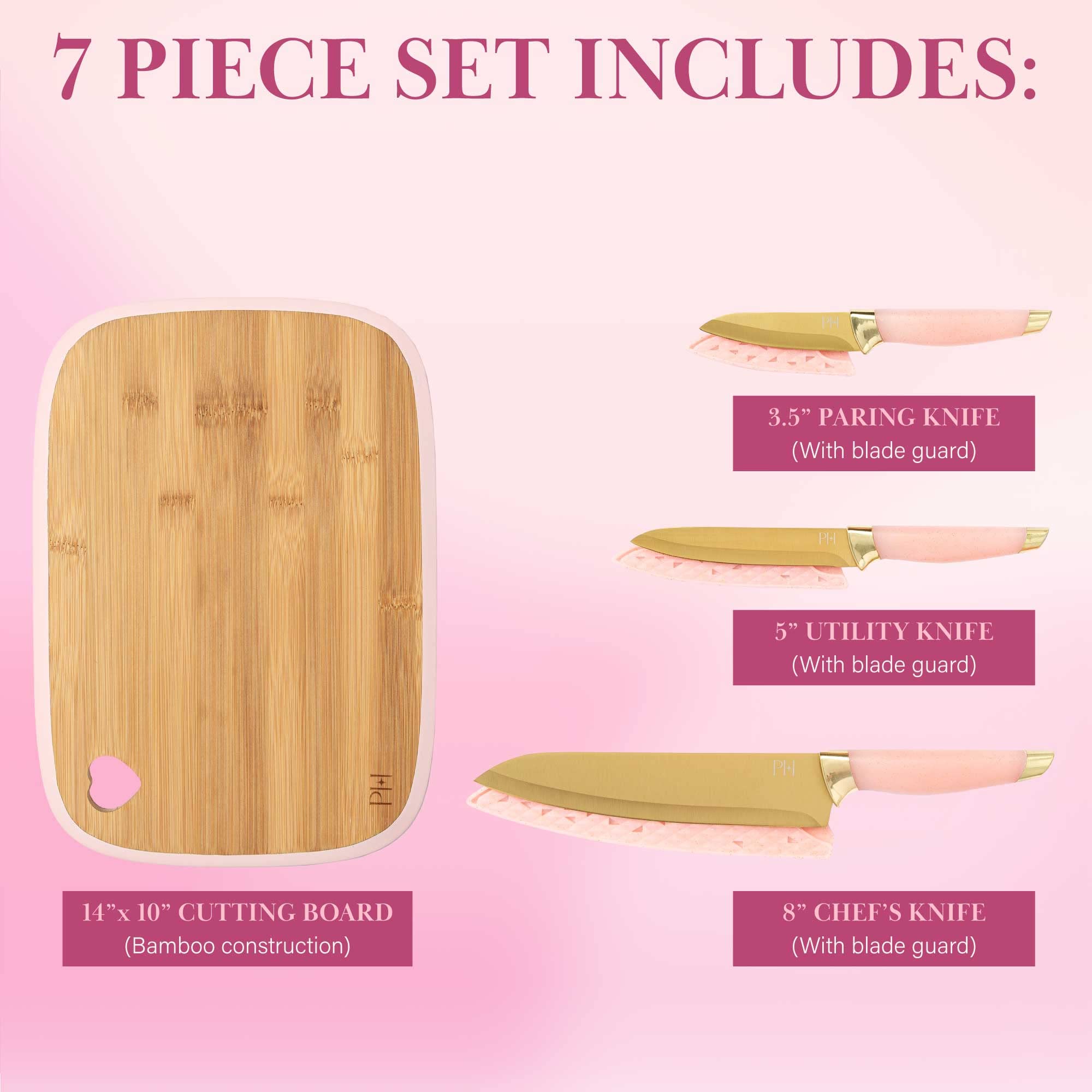 Paris Hilton Reversible Bamboo Cutting Board and Cutlery Set with Matching High Carbon Stainless Steel Knives, Blade Guards, Sleek Yet Comfortable Handle Grips, 7-Piece Set Gold, Pink