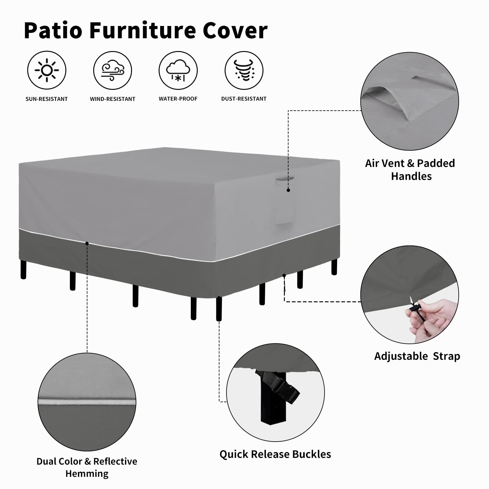 Easy-Going Patio Furniture Cover 64"x64" Square Outdoor Table and Chair Set Covers Waterproof UV Resistant Outdoor Sectional Sofa Set Covers, Gray/Dark Gray