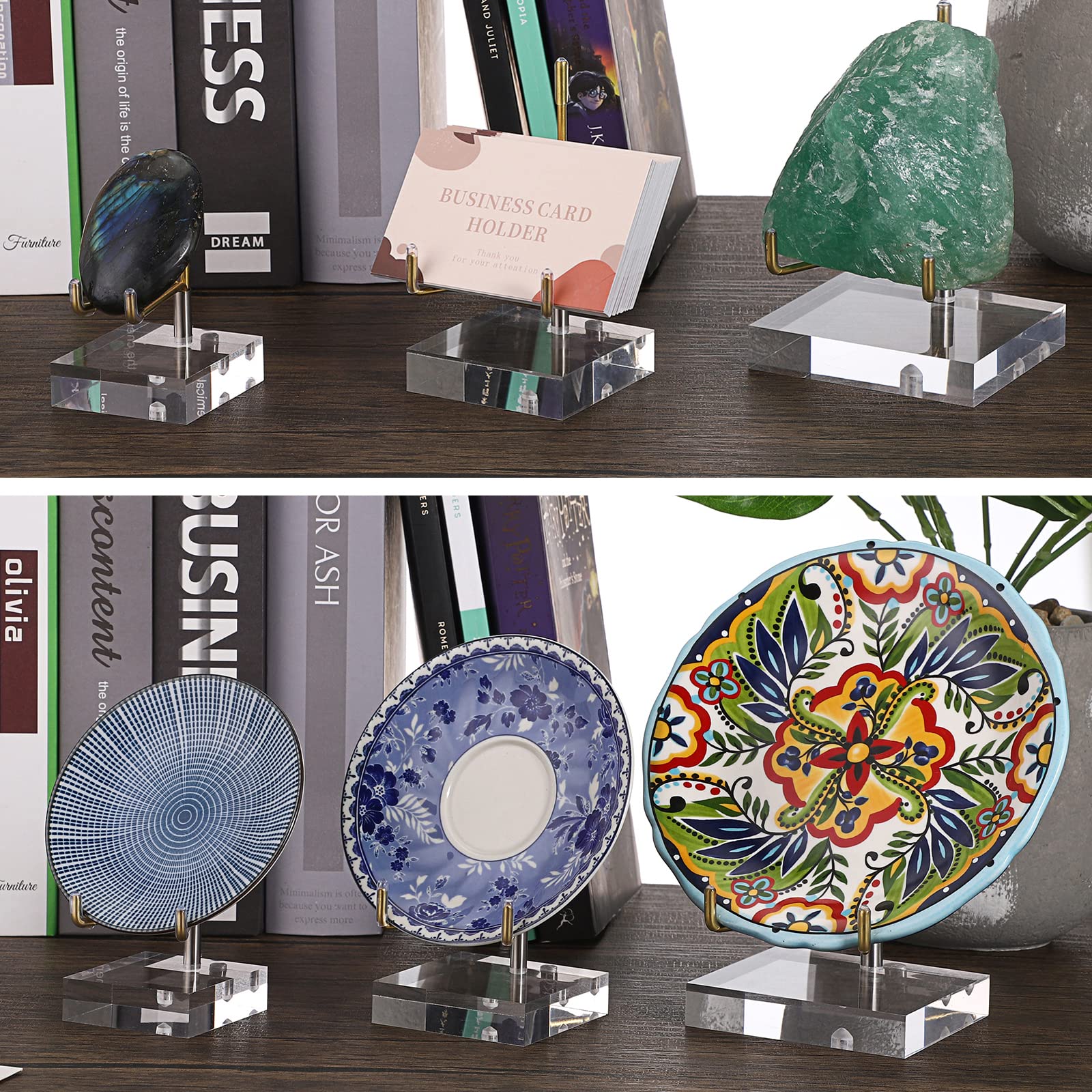 Hipiwe Clear Acrylic Display Stand Holder with Adjustable Metal Arms Display Easel Stands for Gemstones Fossils Minerals Agate Slabs Plates Crystals Saucers Collectibles, 2.4x2.4x4.1 inch