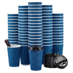 siuq 80 pack 16 oz disposable coffee cups with lids and straws, insulated ripple wall to go paper coffee cups for coffee, hot chocolate and hot tea drinks - navy