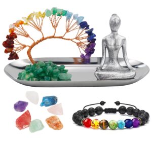 meditation accessories, zen spiritual decor, 7 chakra crystal tree healing stones and yoga statues, for living room, office, shelves, mantle decor, birthday gifts for women