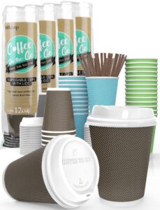 mrcup 12 oz hot beverage coffee cups with lids and straws, insulated triple wall leak/heat free disposable anti-slip togo reusable paper cups, brown [40 packs]