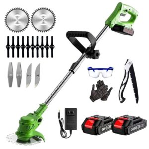 weed wacker electric weed eater battery weed wacker operated lawn trimmer with 2 x 24v 2ah battery powered & charger, lightweight no string trimmer/grass trimmer/edger/brush cutter for garden yard