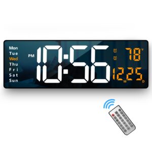 digital wall clock large display, 16.2 inch , led digital clock with remote control for living room decor, automatic brightness dimmer with date week temperature (orange)