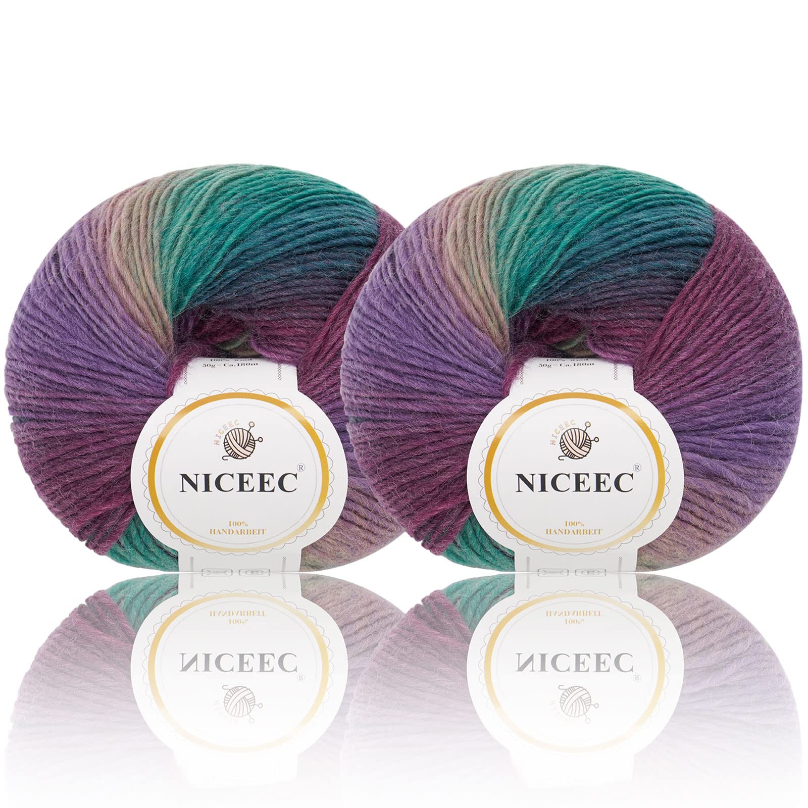 NICEEC 2 Skeins Rainbow Soft Yarn 100% Wool Gradient Multi Color Yarn for Crocheting Knit Total Length 180m×2(196yds×2,50g×2)-5#