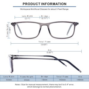 Superior Extremely Light Progressive Multifocus Reading Glasses Men, Skyoak Aluminum Arm TR90 Frame Blue Light Blocking Multifocal Computer Readers Spring Hinge No Line (for Mid-Near Range approx 3ft)