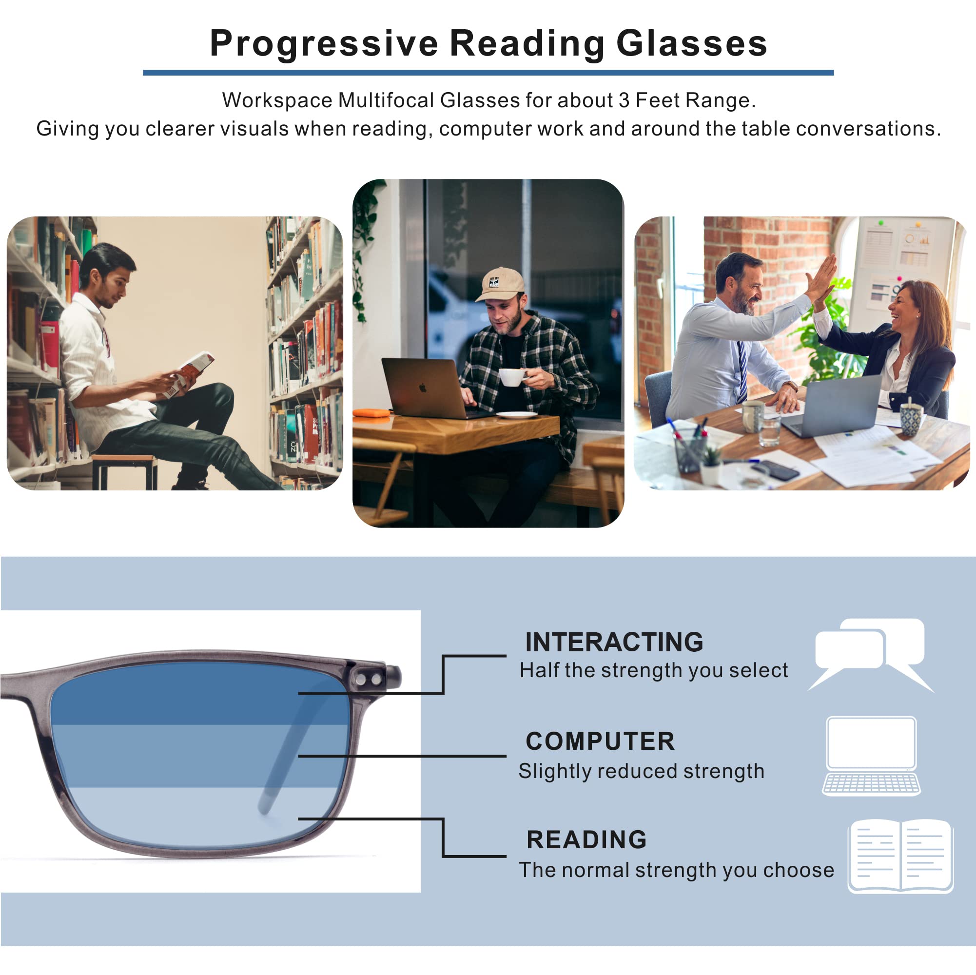 Superior Extremely Light Progressive Multifocus Reading Glasses Men, Skyoak Aluminum Arm TR90 Frame Blue Light Blocking Multifocal Computer Readers Spring Hinge No Line (for Mid-Near Range approx 3ft)