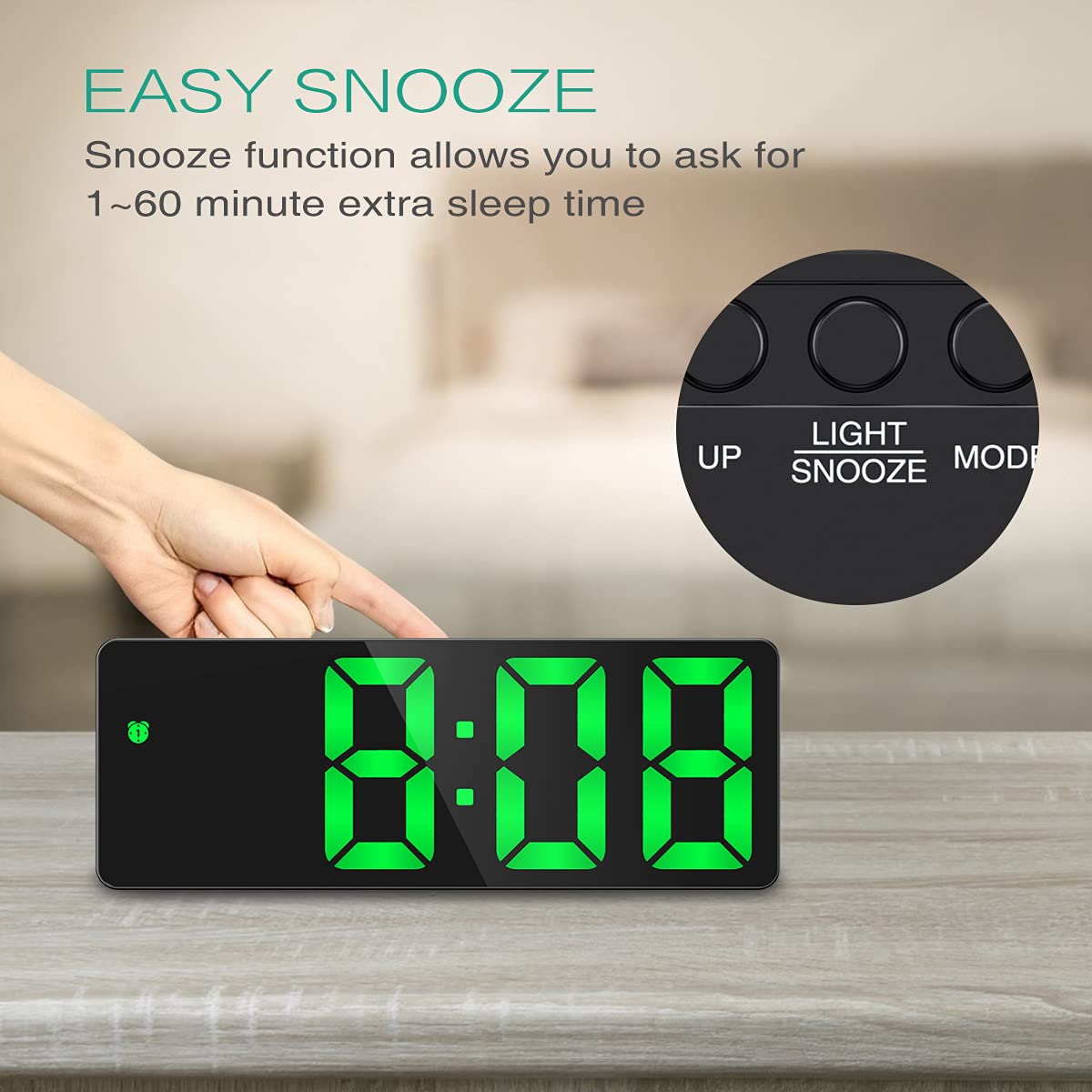 JXTZ Digital Alarm Clock, Alarm Clocks Bedside with Big LED Temperature Display, Bedside Clock with USB/Battery Powered, Snooze, Date, Time, 3 Adjustable Brightness, Voice Control