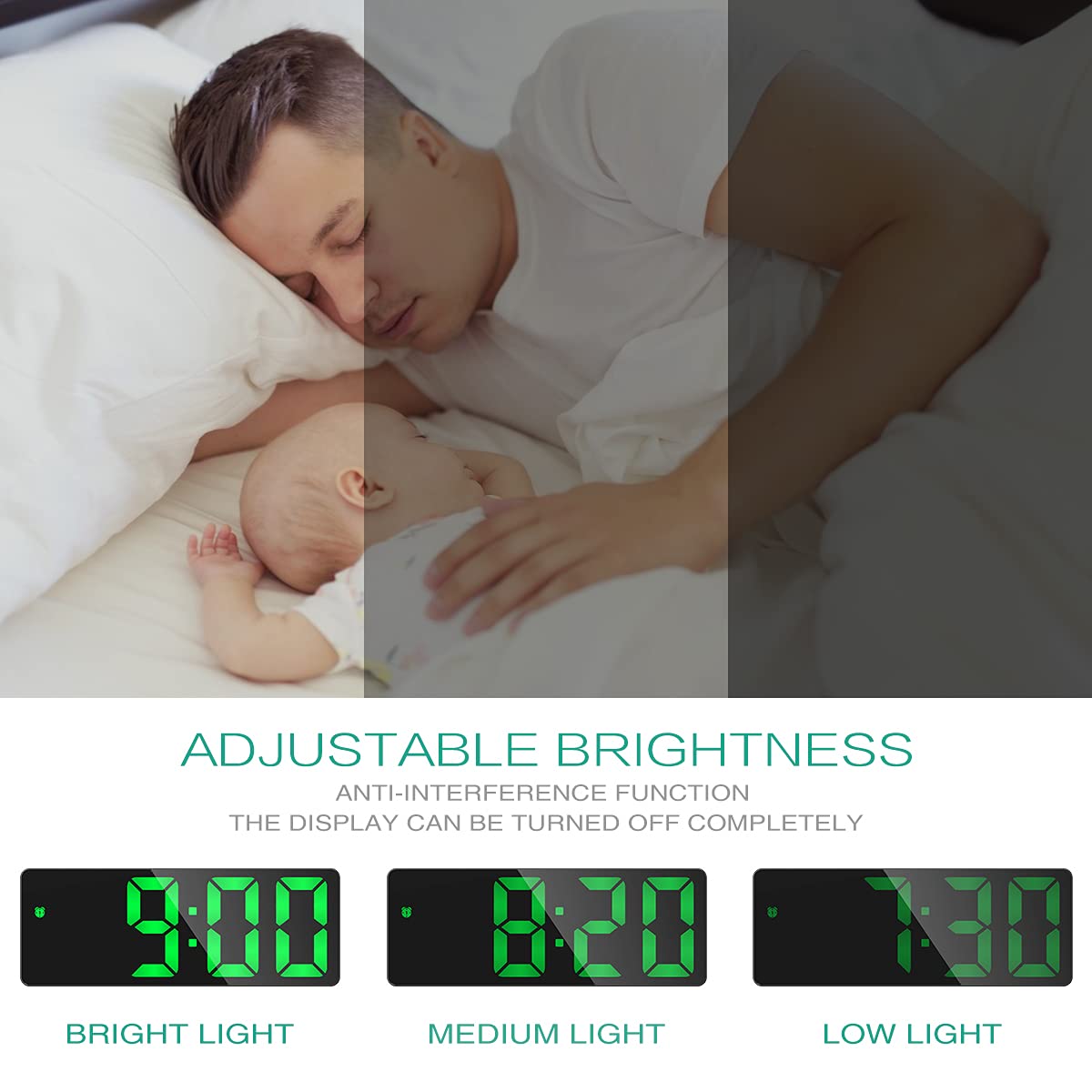 JXTZ Digital Alarm Clock, Alarm Clocks Bedside with Big LED Temperature Display, Bedside Clock with USB/Battery Powered, Snooze, Date, Time, 3 Adjustable Brightness, Voice Control