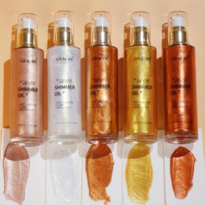 Liyalan Shimmer Body Oil Bronze Gold 5 Color Bronze Face Glow Pearl Highlighter Illuminator body Makeup Shine Glitter Gold Liquid Taning(3.38 Fl Oz/03)