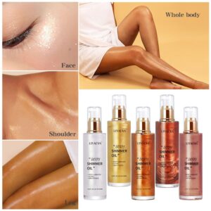 Liyalan Shimmer Body Oil Bronze Gold 5 Color Bronze Face Glow Pearl Highlighter Illuminator body Makeup Shine Glitter Gold Liquid Taning(3.38 Fl Oz/03)