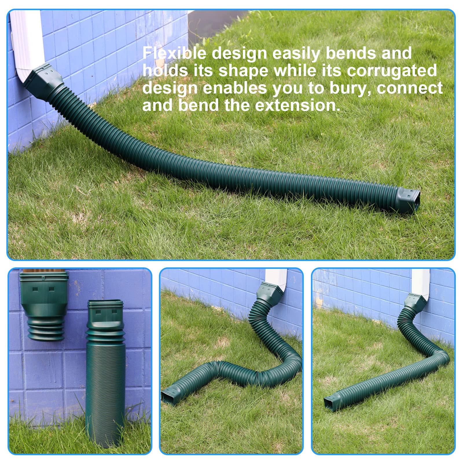 plusgutter Green-2pack Rain Gutter Downspout Extensions Flexible, Drain Downspout Extender,Down Spout Drain Extender, Gutter Connector Rainwater Drainage,Extendable from 21 to 68 Inches