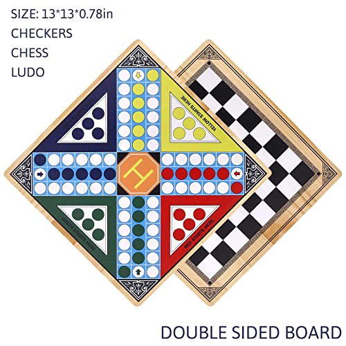 VAMSLOVE Reversible Wooden Ludo Board Game and Classic Chess Checkers Set 3 in 1, 13" x 13" Two-Sided Board Games for Kids and Adults Family Gathering (Games Instructions Included)