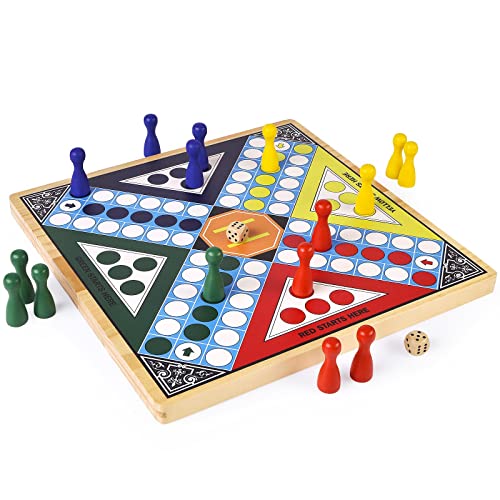 VAMSLOVE Reversible Wooden Ludo Board Game and Classic Chess Checkers Set 3 in 1, 13" x 13" Two-Sided Board Games for Kids and Adults Family Gathering (Games Instructions Included)