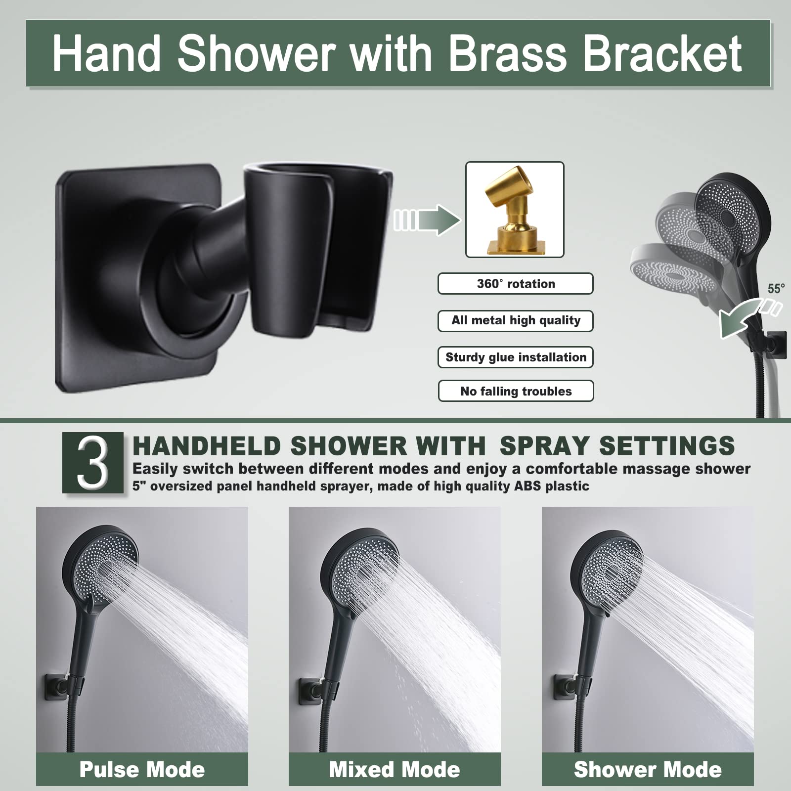 10" High Pressure Rainfall Shower Head with Handheld Combo, Upgrade 12" Extension Arm Height Adjustable, Powerful Shower Head, Brass Shower Holder Extra Long Shower Hose, Matte Black