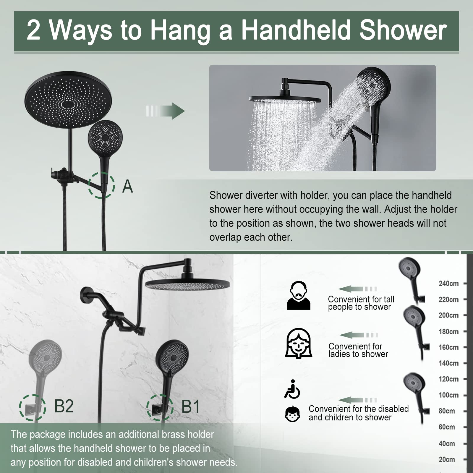 10" High Pressure Rainfall Shower Head with Handheld Combo, Upgrade 12" Extension Arm Height Adjustable, Powerful Shower Head, Brass Shower Holder Extra Long Shower Hose, Matte Black