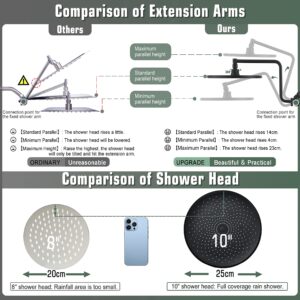 10" High Pressure Rainfall Shower Head with Handheld Combo, Upgrade 12" Extension Arm Height Adjustable, Powerful Shower Head, Brass Shower Holder Extra Long Shower Hose, Matte Black