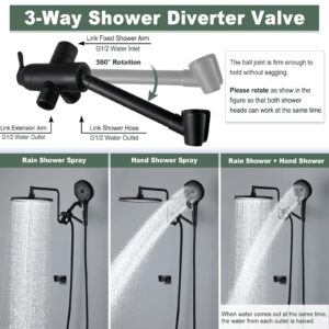 10" High Pressure Rainfall Shower Head with Handheld Combo, Upgrade 12" Extension Arm Height Adjustable, Powerful Shower Head, Brass Shower Holder Extra Long Shower Hose, Matte Black