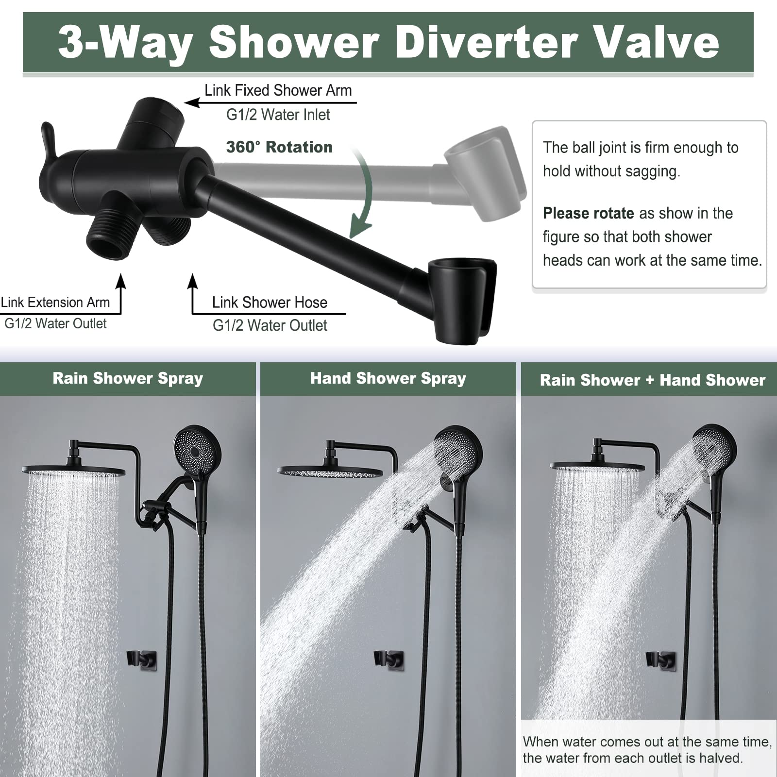 10" High Pressure Rainfall Shower Head with Handheld Combo, Upgrade 12" Extension Arm Height Adjustable, Powerful Shower Head, Brass Shower Holder Extra Long Shower Hose, Matte Black