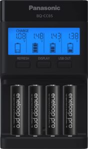 panasonic k-kj65kha4ba super advanced 4-position quick charger with lcd indicator panel, usb charging port and 4aa eneloop pro rechargeable batteries, black