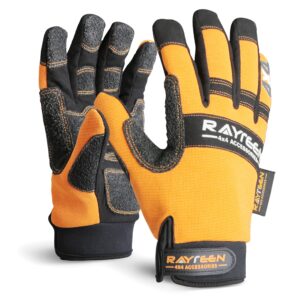 rayteen xl size 4x4 recovery work gloves with kevlar anti-scratch protection on finger and palm, reflective logo on opisthenar for quick find in dark