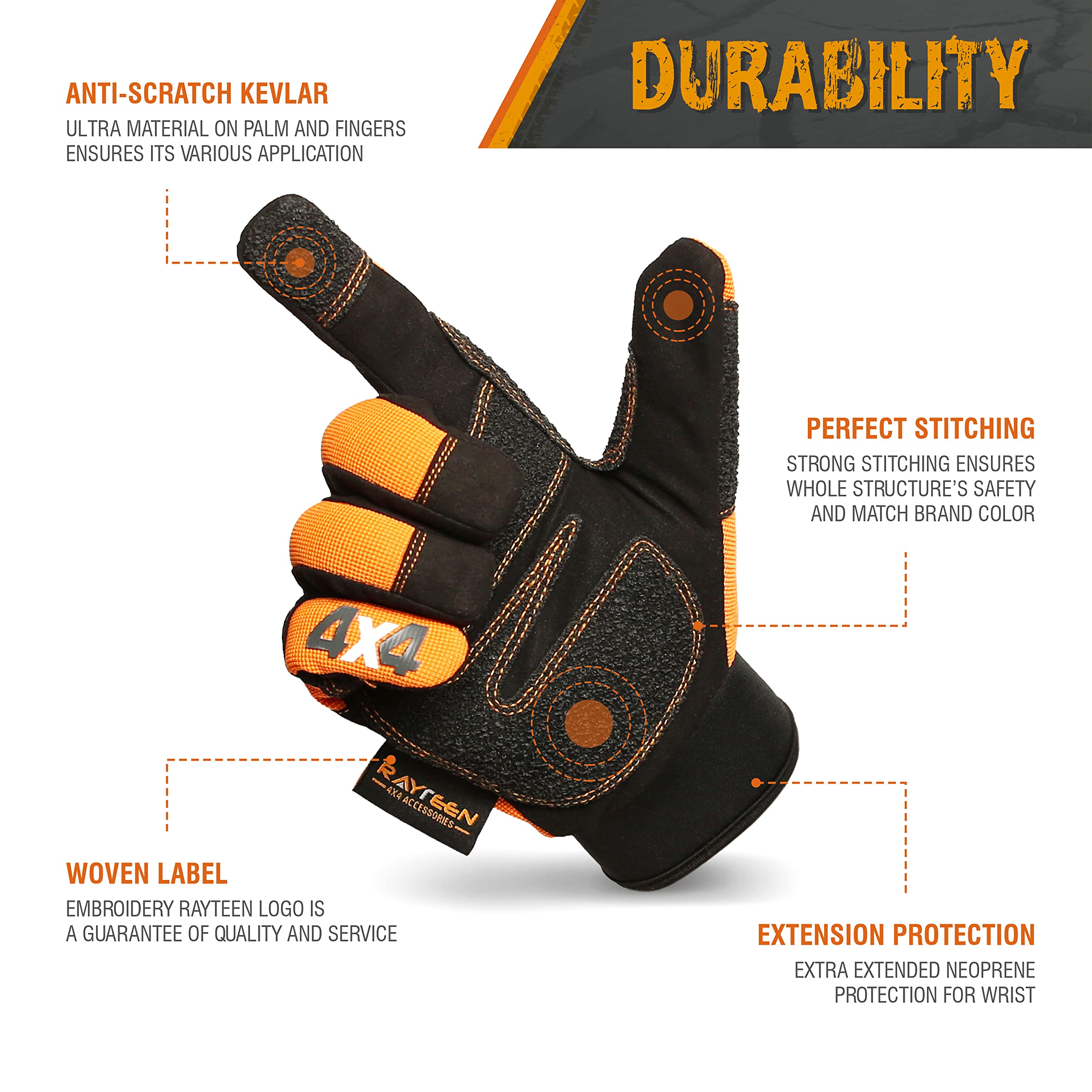 RAYTEEN XL size 4x4 Recovery Work Gloves with Kevlar Anti-Scratch Protection on Finger and Palm, Reflective Logo on Opisthenar for Quick Find in Dark