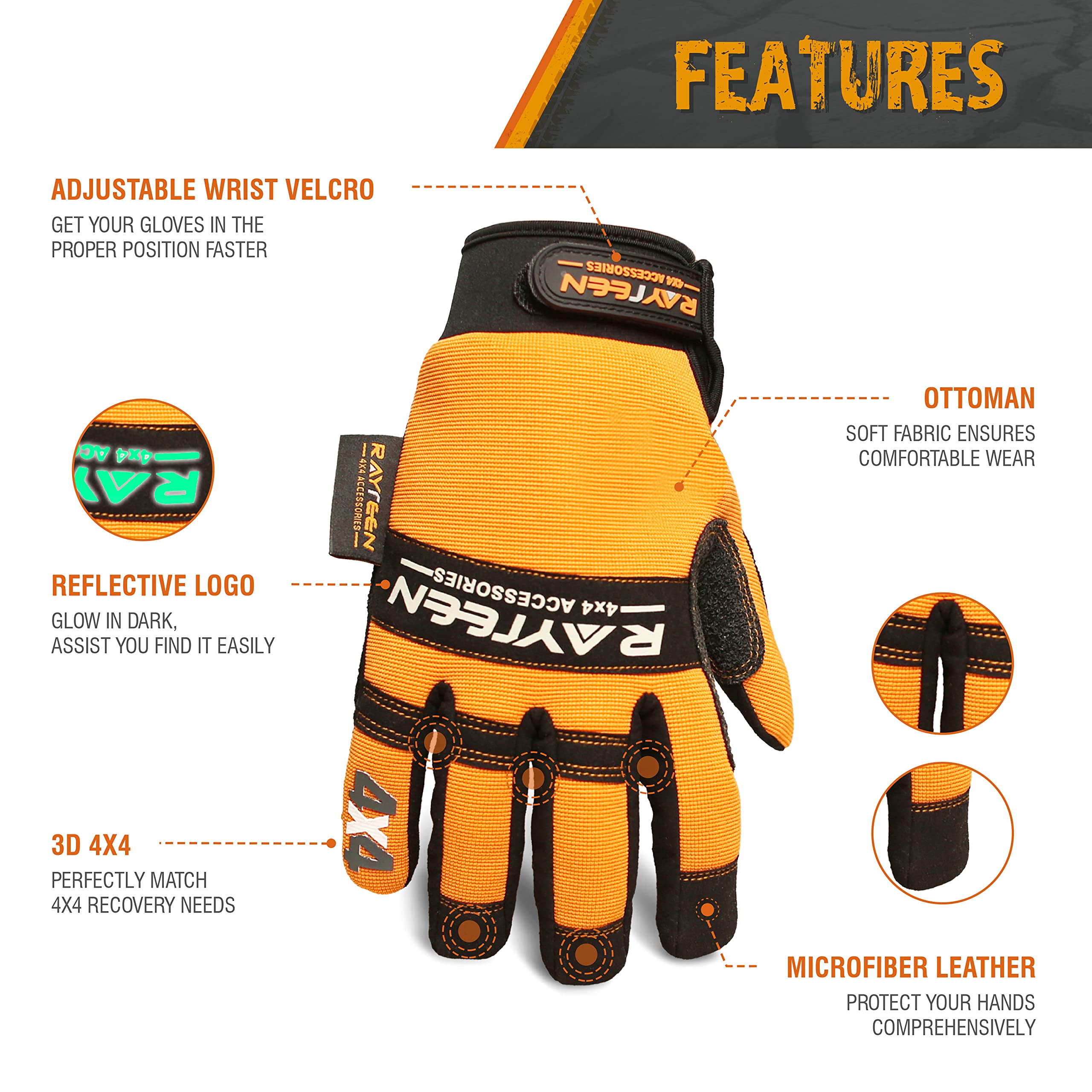 RAYTEEN XL size 4x4 Recovery Work Gloves with Kevlar Anti-Scratch Protection on Finger and Palm, Reflective Logo on Opisthenar for Quick Find in Dark