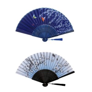 2 pieces chinese japanese vintage bamboo silk fans, women's small folding hand fans floral hand held fan with tassel for dance, performance, decoration, wedding, party and gift(white flower & blue)