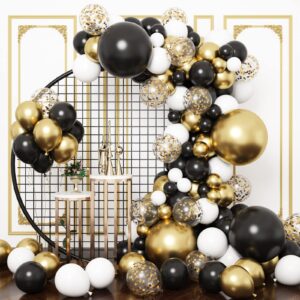 RUBFAC 140pcs Black and Gold Balloon, Balloons Garland Arch Kit, 5 10 12 18 Inch Black Gold White Latex Balloons for Graduation Party Birthday Anniversary Festival