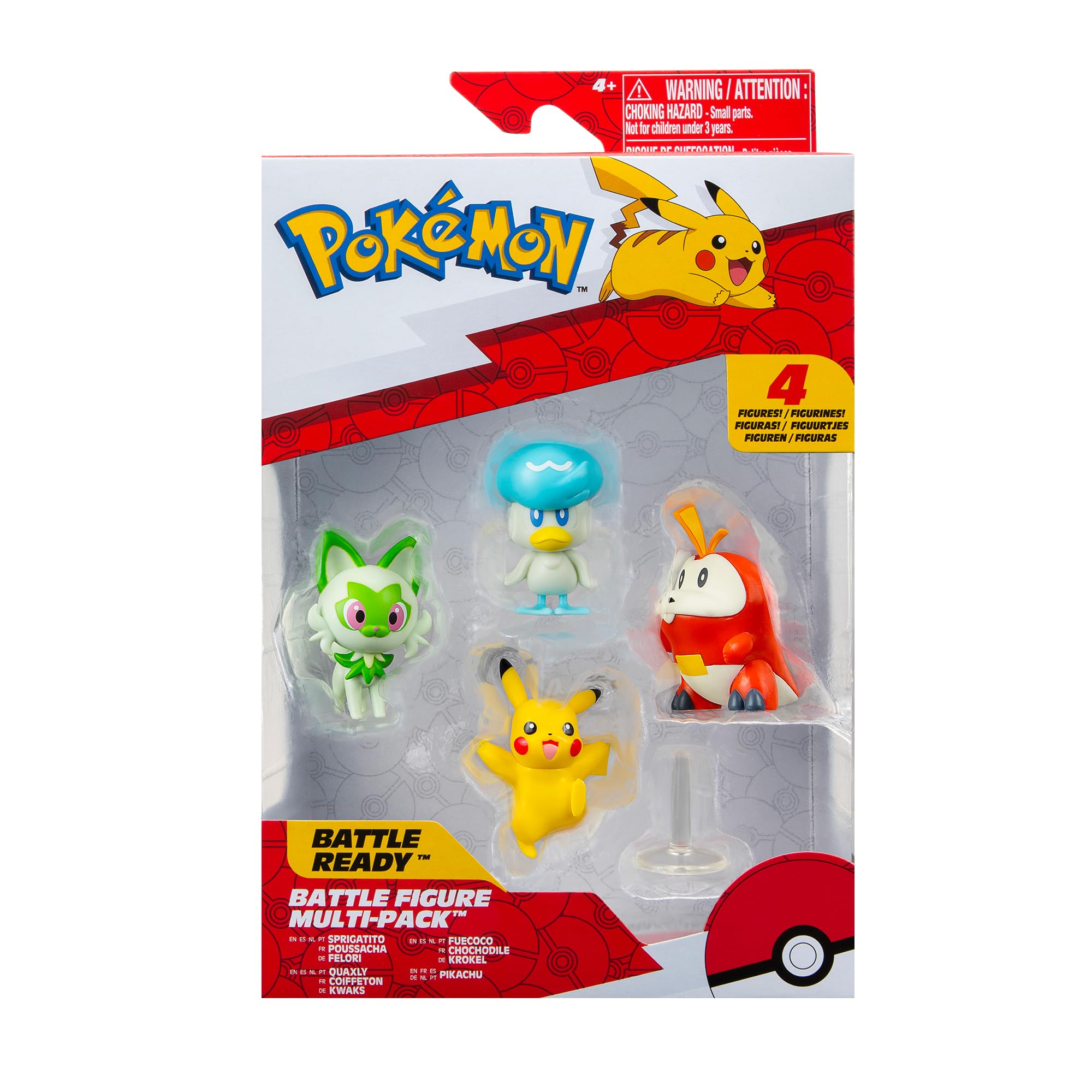 Pokémon Paldea Battle Figure 4 Pack - Features 2-Inch Pikachu, Fuecoco, Sprigatito, and Quaxly Battle Figures