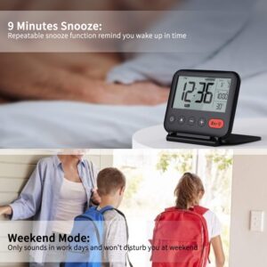 NOKLEAD Digital Travel Alarm Clock for Bedroom Office: Small LCD Desk Clock with Backlight Date Temperature Snooze 12/24H Weekend Mode and Mirror, Battery Powered Folding Bedside Clock for Adult Kids