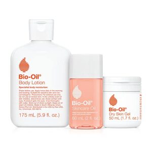 bio-oil skincare set, trial kit for scars, stretchmarks, and dry skin, 3 pc travel size kit includes skin care oil, dry skin gel, and body lotion, use for scars, pregnancy stretch marks, and dry skin