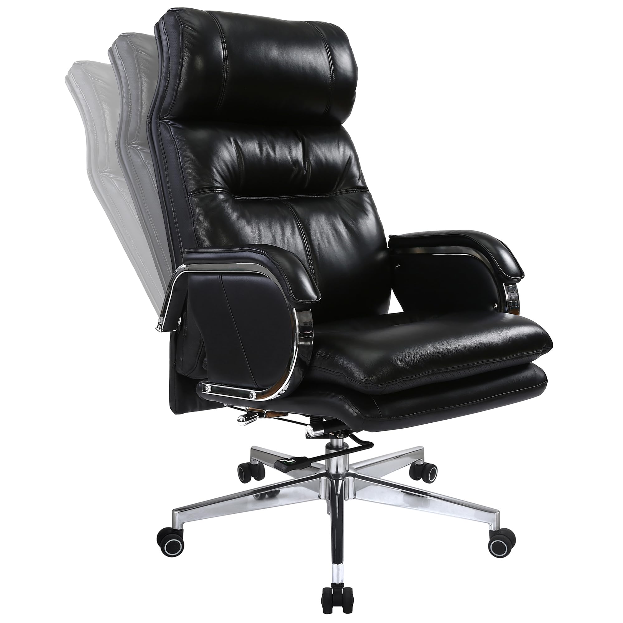 HUAUR Genuine Leather Modern Executive Chair High-Back Support 90 to 150 Degrees Tilt and Upholstered Home Desk Chair with Base 360LB Capacity Swivel Computer Office Chair (Black)