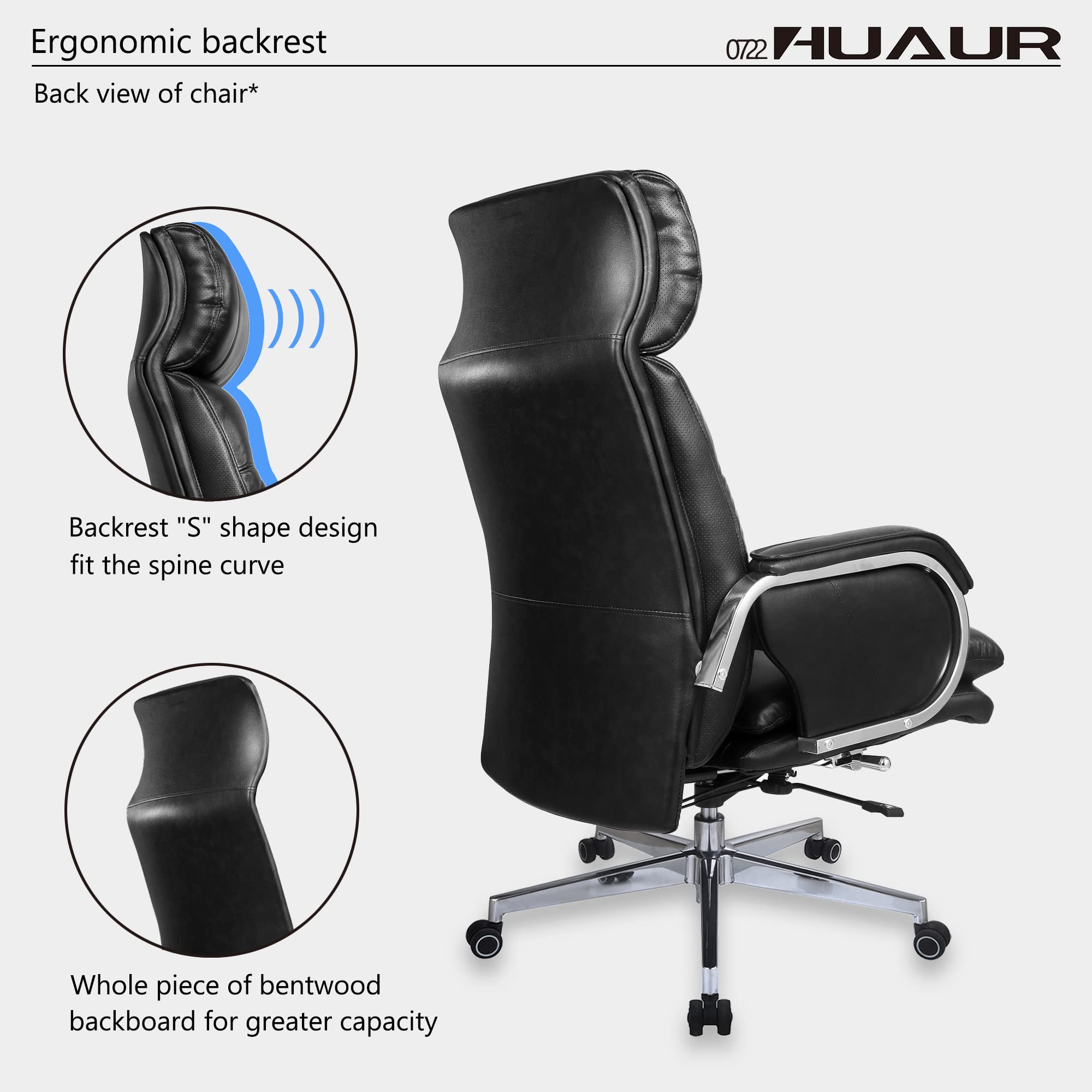 HUAUR Genuine Leather Modern Executive Chair High-Back Support 90 to 150 Degrees Tilt and Upholstered Home Desk Chair with Base 360LB Capacity Swivel Computer Office Chair (Black)