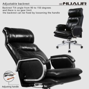 HUAUR Genuine Leather Modern Executive Chair High-Back Support 90 to 150 Degrees Tilt and Upholstered Home Desk Chair with Base 360LB Capacity Swivel Computer Office Chair (Black)