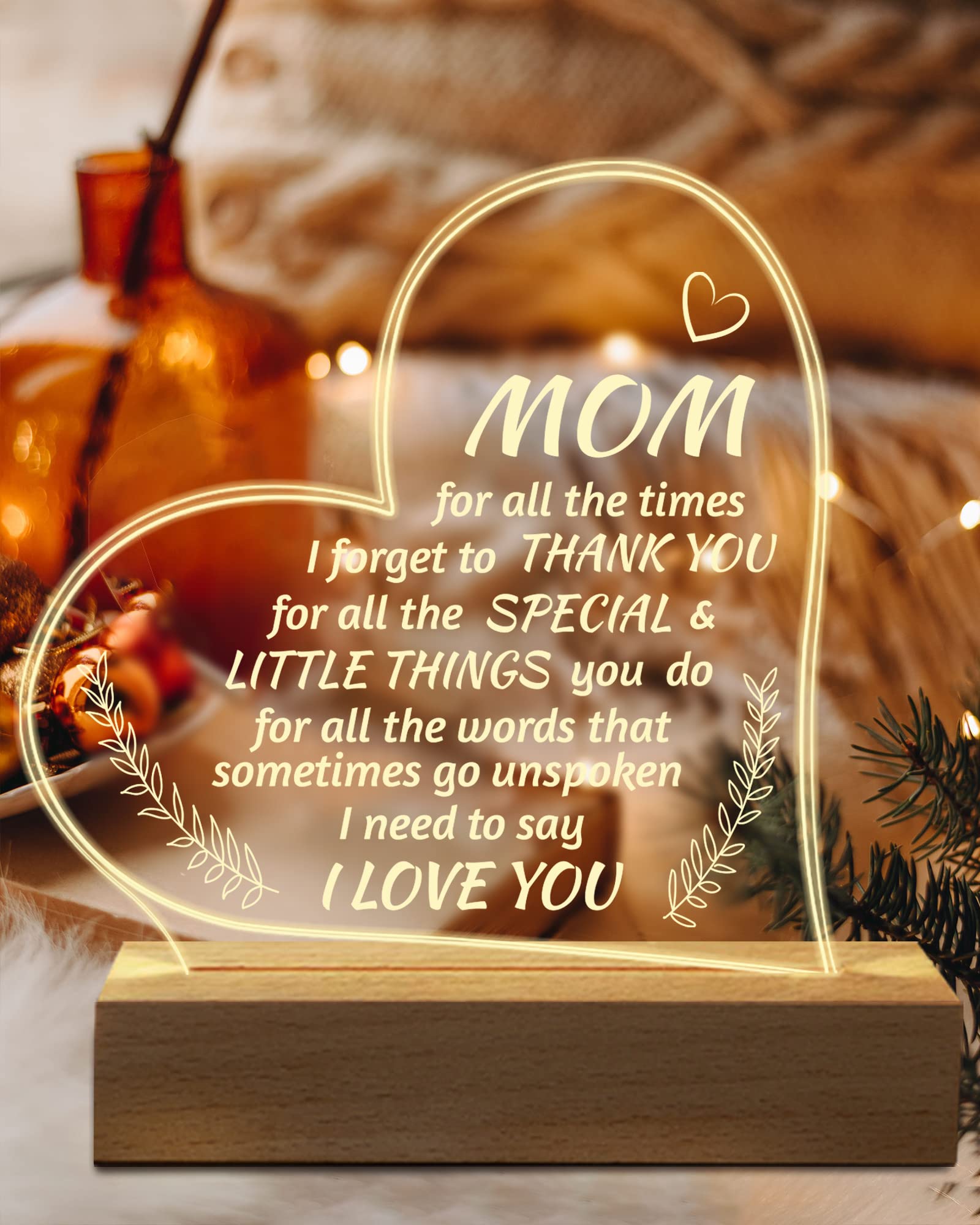 Hiipeenow Mom Birthday Gifts, Acrylic Engraved Night Light 15 * 19CM Presents, Mothers Day Christmas Gifts for Mom from Daughter Son