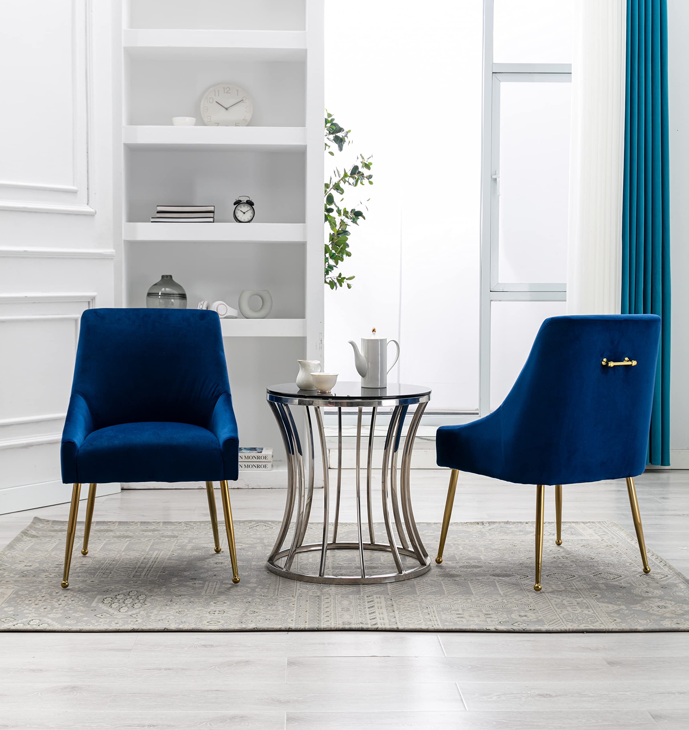 Restworld Velvet Dining Chairs Set of 2, Furniture Collection Modern Contemporary Upholstered with Polished Gold Metal Legs(Blue)