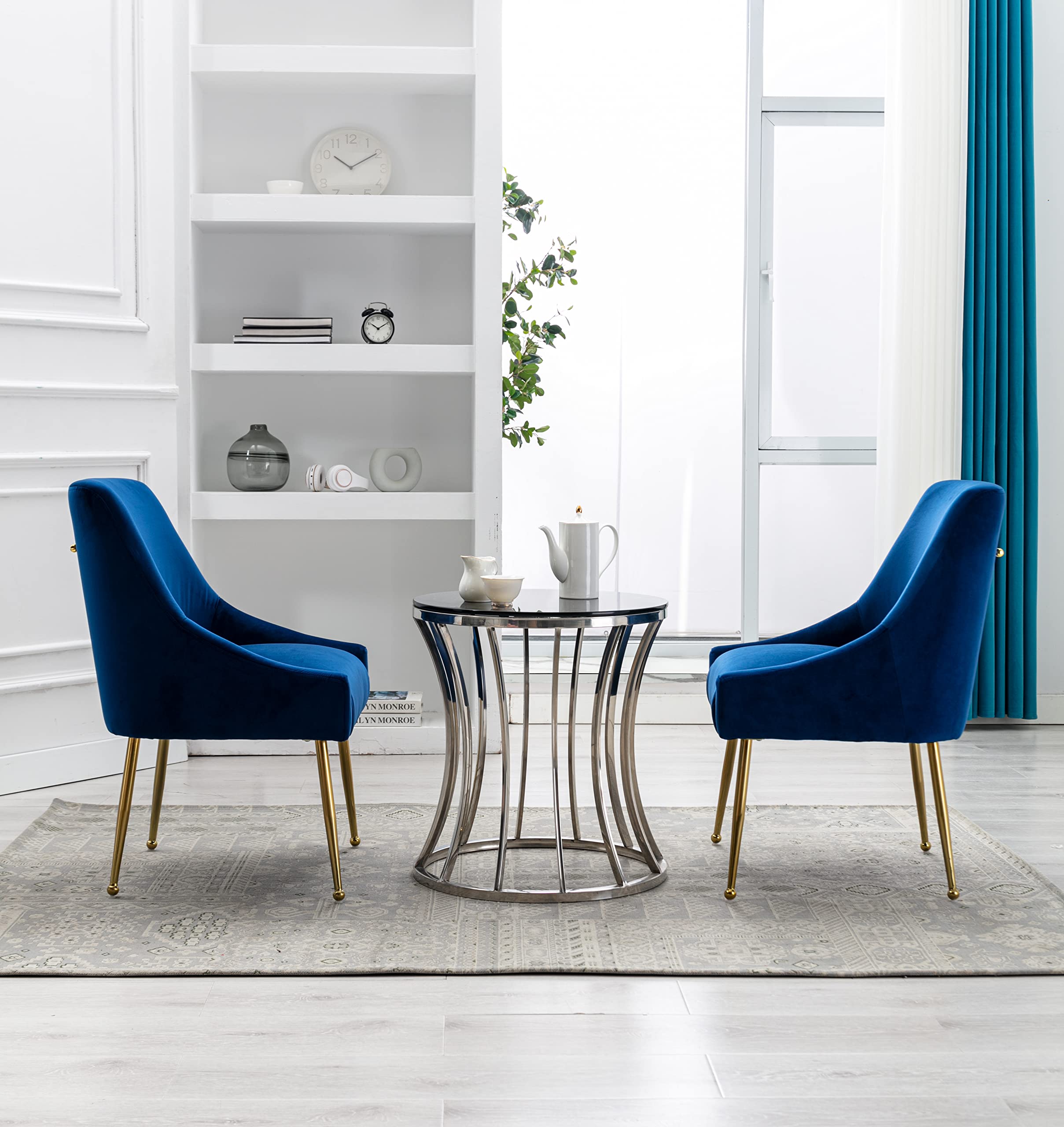 Restworld Velvet Dining Chairs Set of 2, Furniture Collection Modern Contemporary Upholstered with Polished Gold Metal Legs(Blue)