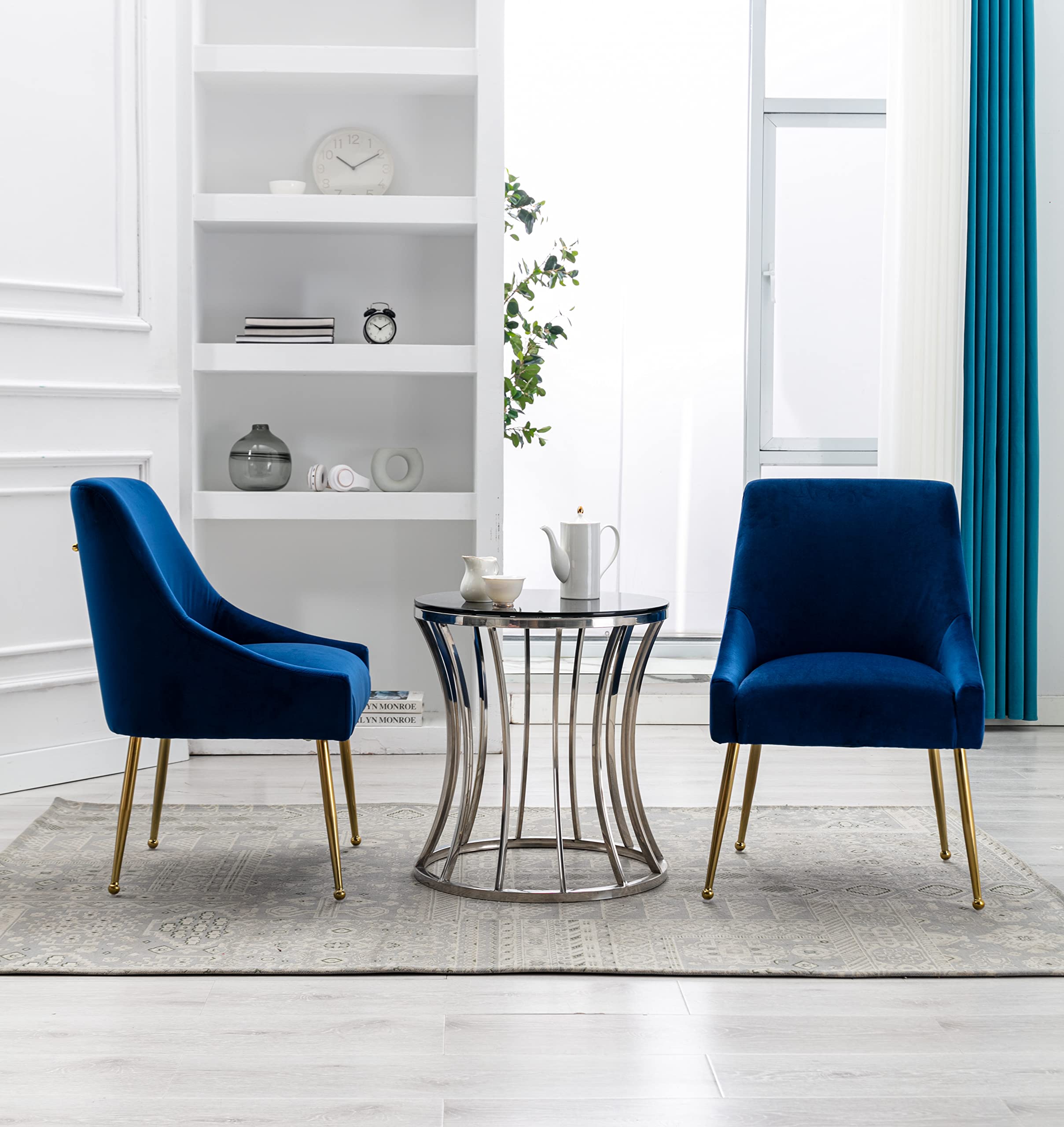 Restworld Velvet Dining Chairs Set of 2, Furniture Collection Modern Contemporary Upholstered with Polished Gold Metal Legs(Blue)