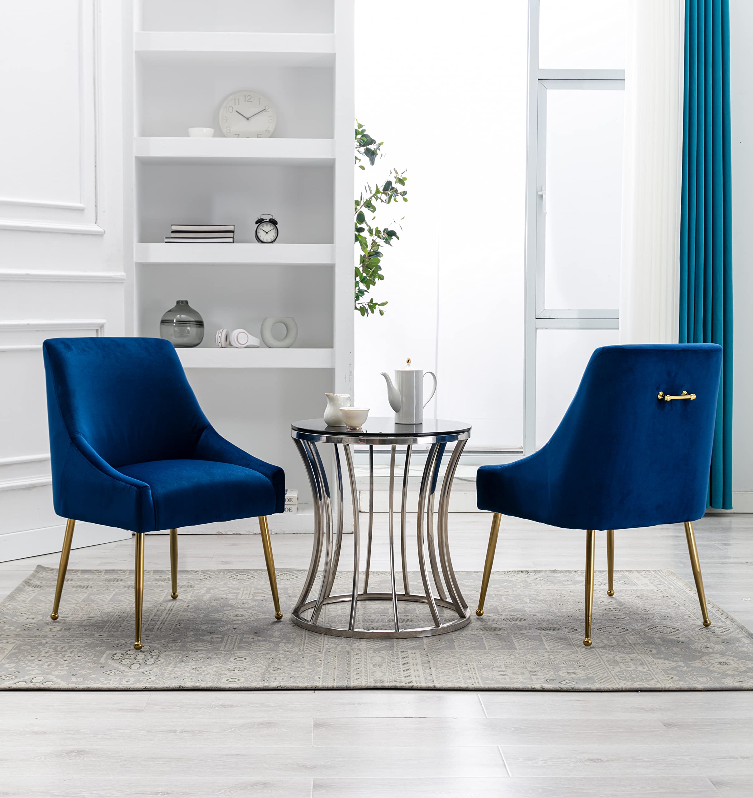 Restworld Velvet Dining Chairs Set of 2, Furniture Collection Modern Contemporary Upholstered with Polished Gold Metal Legs(Blue)